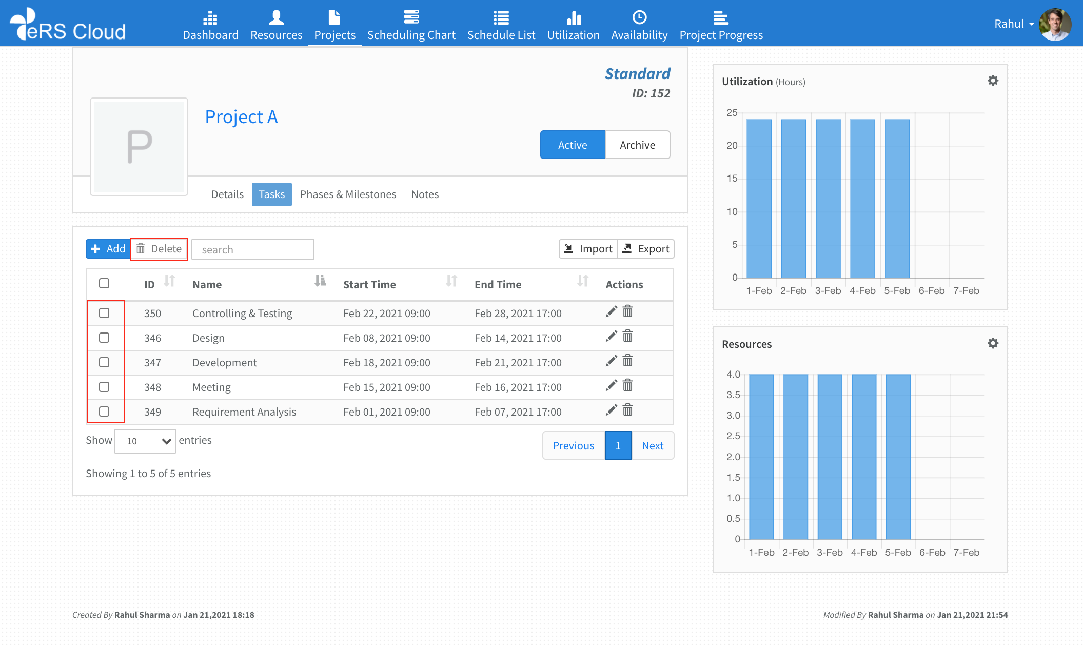 Delete Project Tasks Support Centre